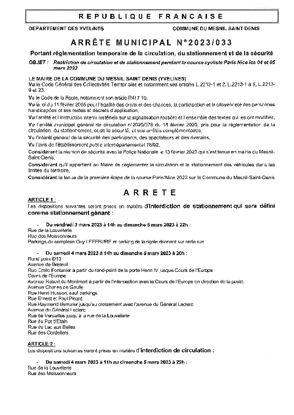 Arrêté de circulation et stationnement 2023/033 - Le Mesnil Saint Denis